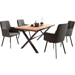 Hela Essgruppe Set, 5 Stk. tlg. Ausziehbar 160 - 200 cm, Sessel 360&deg; drehbar grau Holzwerkstoff Microfaser VINTAGE, Einlegeplatte, Artisan Eiche/
