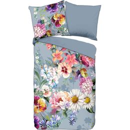 Descanso Wendebettw&auml;sche &raquo;Novara&laquo; 2 Stk. Baumwolle, Satin, 135x200, Biese, Rei&szlig;verschluss, Wende, Blumen, Natur grau Satin (Bio-Baumwolle), Obermaterial: 100% 