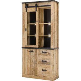 Home Affaire Vitrine &raquo;Sherwood, Hochschrank im Industrial-Style, moderne Glasvitrine&laquo; Scheunentorbeschlag und Apothekergriffe aus Metall, H&ouml;he 201 cm 