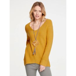 Heine Damen Strickpullover, Gelb, Gr. 34, V-Ausschnitt Pullover, Material: Viskose