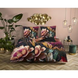Descanso Wendebettw&auml;sche &raquo;Straizo&laquo; 2 Stk. Satin, Rei&szlig;verschluss, Paspel, Biese, Wende, Luxe, Blume, Anthrazit bunt Renforc&eacute;, Obermaterial: 100% Baumwolle B/L: 