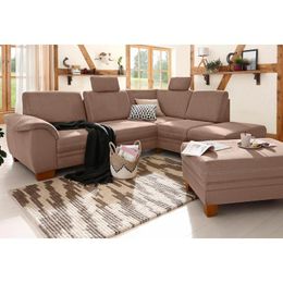 OTTO home Ecksofa &raquo;Husum L-Form&laquo; mit Sitztiefenverstellung, Federkern-Polsterung und Kontrastnaht braun Luxus-Microfaser mit Druck (100% Polyester);