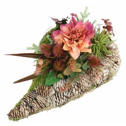 OTTO home Kunstblume &raquo;Gesteck mit Dahlie in Herz-Pflanzschale&laquo; Herzdekoration mit Dahlienbl&uuml;te, Zapfen und Kunstpflanzen B/H/L: 28cm x 14cm x 22cm