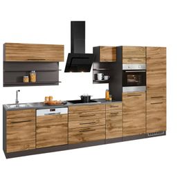 KOCHSTATION K&uuml;chenzeile &raquo;KS-Tulsa&laquo; mit E-Ger&auml;ten, Breite 350 cm, schwarze Metallgriffe, MDF Fronten braun B/H/T: 350cm x 60cm