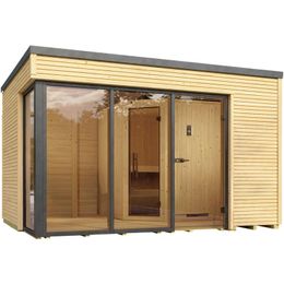 Weka Saunahaus &raquo;Design-Saunahaus Cubilis&laquo; Blockbohlen, modernes WekaLine-Profil beige Saunaofen, integrierte Steuerung, 9 kW