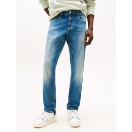 Tommy Jeans Herren Gerade Jeans &raquo;Scanton Slim&laquo; Mit Markenlabel aus Leder hinten blau 33, L&auml;nge 34