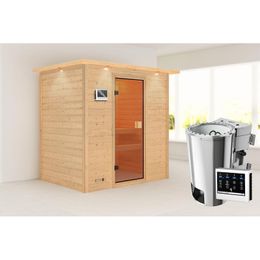 Karibu Sauna &raquo;"Sunie" mit bronzierter T&uuml;r und Kranz, naturbelassen&laquo; aus hochwertiger nordischer Fichte braun Bio-Kombiofen, externe Steuerung, 230 kW