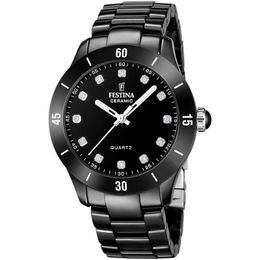 Festina Damen Keramikuhr &raquo;Ceramic&laquo; Quarzuhr, Armbanduhr, Damenuhr, analog, Zirkonia (synth.) schwarz Einheitsgr&ouml;&szlig;e