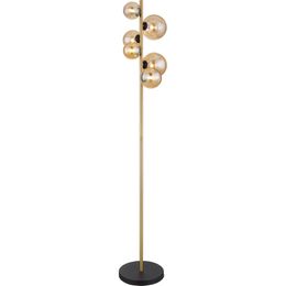 Globo LIGHTING Stehlampe &raquo;RIHA&laquo; G9 1 Stk. Warmwei&szlig; Stehleuchte Schwarz/Messing, Amberglas, Fu&szlig;trittschalter, LED G9 6, H: 155cm, 1 Stk.