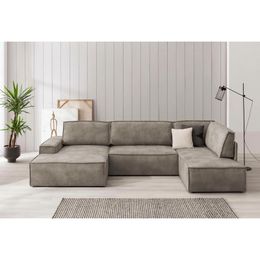 OTTO home Wohnlandschaft &raquo;SHERWOOD Vintage Lederoptik U-Form, 329 cm&laquo; Schlaffunktion m. Bettkasten (194x139 cm), Cord, Vintage, Samtvelours grau 100% 