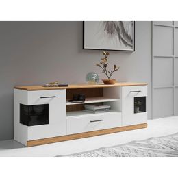 OTTO home Lowboard &raquo;Ribe,160cm breit,55cm hoch,Oberplatte massiv&laquo; Oberplatte Massivholz,schwarze Metall Griffe,2 T&uuml;ren mit Glaseinsatz wei&szlig; B/H/T: 