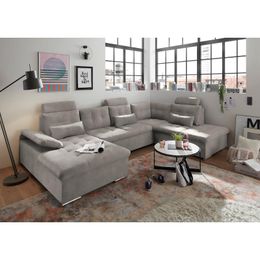 ED EXCITING DESIGN Wohnlandschaft &raquo;Jakarta U-Form mit Bettfunktion, Bettkasten&laquo; Armteilverstellung, Kopfst&uuml;tzen & 3 Nierenkissen grau 92% Polyester, 8