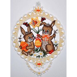 Stickereien Plauen Fensterbild &raquo;Fensterbild Hasenp&auml;rchen&laquo; Echte Plauener Spitze bunt Polyester B/L: 21cm x 28cm