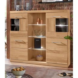 OTTO home Highboard &raquo;Ribe,120cm breit,112cm hoch,Oberplatte massiv,12 F&auml;cher&laquo; Holz massiv, Holzwerkstoff, Metall Griffe,2T&uuml;ren mit Glaseinsatz beige 