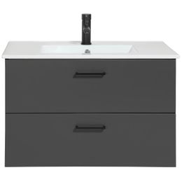 Welltime Waschtisch &raquo;Trento Badezimmerschrank mit Becken&laquo; Badm&ouml;bel in Breite 80 cm , Waschplatz mit 2 Schubladen, Badschrank grau Becken wei&szlig; eckig, B