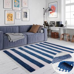 OTTO home Teppich &raquo;Benja&laquo; rechteckig 10 mm H&ouml;he Handweb Teppich, gestreift, 90% Baumwolle, handgewebt, mit Fransen blau Baumwolle, Polyester B : 160cm
