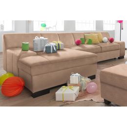 DOMO collection Ecksofa &raquo;Norma, elegant & modern, mit flachen Armlehnen, Breite 268cm, L-Form&laquo; wahlweise mit Bettfunktion braun NaturLEDER in Sitz und