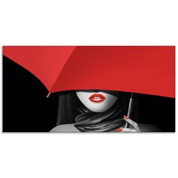 Artland Glasbild &raquo;Rote Lippen unter dem Regenschirm&laquo; Frau 1 Stk. tlg. in verschiedenen Gr&ouml;&szlig;en rot B/H/T: 100cm x 50cm, Glasbild Frau Querformat, 1 Stk.