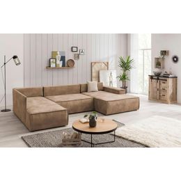 OTTO home Wohnlandschaft &raquo;SHERWOOD Vintage Lederoptik U-Form, 329 cm&laquo; Schlaffunktion m. Bettkasten (194x139 cm), Cord, Vintage, Samtvelours beige 100%