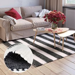 MyFlair Teppich &raquo;Karim&laquo; rechteckig 10 mm H&ouml;he Handweb Teppich, gestreift, 90% Baumwolle, handgewebt, mit Fransen schwarz Baumwolle, Polyester B : 160cm 1 Stk.