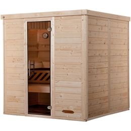 Weka Sauna &raquo;Premium-Massiv-Elementsauna KEMI 4&laquo; Blockbohlen, vorgefertigte Elemente, moderne Ganzglast&uuml;r beige ohne Ofen, ohne Steuerung, (ohne Ofen)