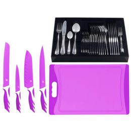 King Besteck-Set &raquo;&raquo;BAS&laquo; inkl. Etui, 4 K&uuml;chenmesser und 1 Schneidebrett&laquo; lila Edelstahl 18/0 36 Stk.