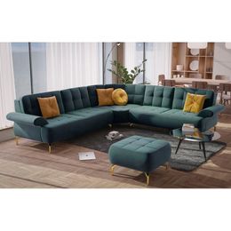 Sit & More sit&more Ecksofa &raquo;Orient 1 L-Form&laquo; inkl. 4 Zierkissen mit Strass-Stein, goldfarbene Metallf&uuml;&szlig;e gr&uuml;n 100% Polyester B/H/T: 299cm x 88cm x 279cm, 