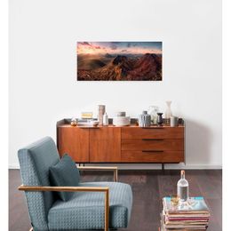 Komar Leinwandbild &raquo;Primeval Days - Gr&ouml;&szlig;e 90 x 40 cm&laquo; Baum Berge Blumen Bl&auml;tter Foto Jahreszeiten Landschaft Meer Natur Palmen Strand Packung, 1 Stk. tlg. 