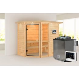 Karibu Sauna &raquo;"Josie" mit bronzierter T&uuml;r und Kranz, naturbelassen&laquo; aus hochwertiger nordischer Fichte braun Bio-Kombiofen, externe Steuerung, 400 kW