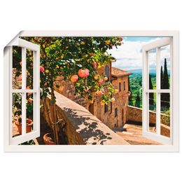 Artland Wandbild &raquo;Fensterblick Rosen auf Balkon Toskana&laquo; Garten 1 Stk. tlg. als Alubild, Leinwandbild, Poster in verschied. Gr&ouml;&szlig;en wei&szlig; B/H/T: 70cm x 50cm, 