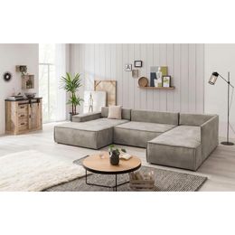 OTTO home Wohnlandschaft &raquo;SHERWOOD Vintage Lederoptik U-Form, 329 cm&laquo; Schlaffunktion m. Bettkasten (194x139 cm), Cord, Vintage, Samtvelours grau 100% 