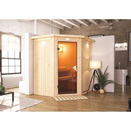 Karibu Sauna &raquo;&raquo;Liyah&laquo; mit bronzierter T&uuml;r und Kranz naturbelassen&laquo; Set, in verschiedenen Ausf&uuml;hrungen erh&auml;ltlich beige ohne Ofen, ohne Steuerung, (ohne Ofen)