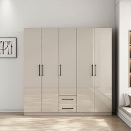 OTTO home Kleiderschrank &raquo;Sylt Schlafzimmerschrank Garderobe Schrank in hochglanz wei&szlig;&laquo; 5 T&uuml;ren, 2 Schubladen, schwarze moderne Griffe, 7 Einlegeb&ouml;den
