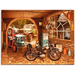 Artland Leinwandbild &raquo;Werkstatt mit Traktor und Motorrad&laquo; Traktoren 1 Stk. tlg. auf Holzrahmen gespannt braun B/H/T: 80cm x 60cm, Leinwandbild Traktoren, 1 