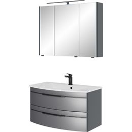 Badm&ouml;bel-Set &raquo;Serie 7045 2-teilig Mineralmarmor-Waschtisch mit LED-Spiegelschrank&laquo; Set, 2 Stk. tlg. grau Holzwerkstoff B/H/T: 93,2cmcm x 200cmcm x 