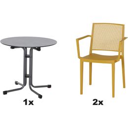 siena GARDEN Gartensessel &raquo;Square Sessel mustard 2er Set mit Tisch&laquo; Set, 2 Stk. tlg. 2 x Stapelsessel + Tisch Sola &Oslash; 80 cm B/H/T: 57cm x 82cm x 56cm