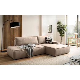 OTTO home Ecksofa &raquo;SHERWOOD Leinenoptik Schlafsofa in L-Form offen (275cm)&laquo; Schlaffunktion und Bettkasten, Kedernaht, hoher Sitz- & Liegekomfort braun