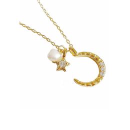 Firetti Damen Kette mit Anh&auml;nger &raquo;Schmuck Geschenk, Mond & Stern&laquo; Made in Germany - mit Kristallstein (synth.) - mit S&uuml;&szlig;wasserzuchtperle gelb Perlen 
