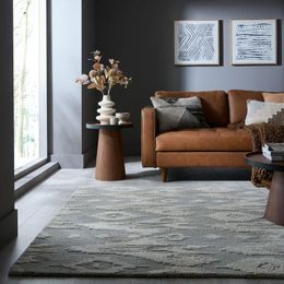 FLAIR RUGS Wollteppich &raquo;Dion Ikat, 100% Wolle&laquo; rechteckig 8 mm H&ouml;he Ikat-Design, handgefertigt, Wohnzimmer, Schlafzimmer, Esszimmer grau Wolle B : 