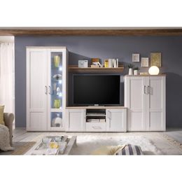 HBZ-MEBLE HBZ Wohnwand &raquo;Romance Landhaustil inkl. LED-Beleuchtung,BxHxT 329x200x50 cm&laquo; Set, 4 Stk. tlg. wei&szlig; Holzwerkstoff B/H/T: 329cmcm x 200cmcm x 50cmcm