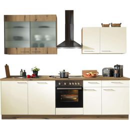 KOCHSTATION K&uuml;che &raquo;Trea&laquo; vormontiert, wahlweise mit E-Ger&auml;ten, Stellbreite 280 cm beige B/H/T: 280cm x 87cm x 58cm, ohne E-Ger&auml;te, Sp&uuml;lenschrank links