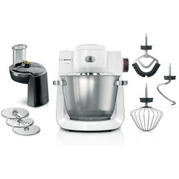 Bosch K&uuml;chenmaschine &raquo;Serie 6 MUMS6EW13D, Durchlaufschnitzler, Edelstahlsch&uuml;ssel, wei&szlig;&laquo; 7 Stufen, 3 Scheiben, Knethaken/R&uuml;hr-/Silikonbesen, sp&uuml;lm.fest