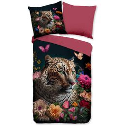 PURE luxury collection Wendebettw&auml;sche &raquo;Borra&laquo; 2 Stk. Mikrofaser, 135x200, Pflegeleicht, Rei&szlig;verschluss, Leopard, Schwarz rosa Microfaser, 