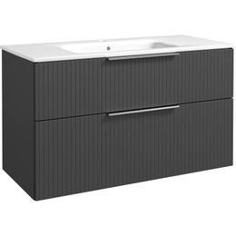 Welltime Waschtisch &raquo;G-Line&laquo; mit Keramik Waschbecken, Schubladen mit Softclose, trendig geriffelt grau Hartfaserplatte, Holzwerkstoff, Keramik, MDF, 