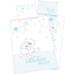 Baby Best Babybettw&auml;sche &raquo;Kleiner Lieblingsmensch&laquo; mit niedlichem Teddy-Motiv und Schriftzug blau Flanell, Obermaterial: 100% Baumwolle B/L: 100cm x 135cm, 1 