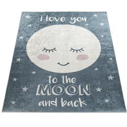 Paco Home Kinderteppich &raquo;Aleyna 103&laquo; rechteckig 6 mm H&ouml;he Kinder Design, niedliches Mond Motiv mit Schriftzug, Kinderzimmer grau Polyester B : 80cm 1 Stk., 6mm,