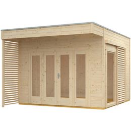 Skan Holz Gartenhaus &raquo;Tokio 2&laquo; doppelschalig beige Holzwerkstoff Fu&szlig;boden im Gartenhaus