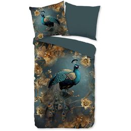 PURE luxury collection Wendebettw&auml;sche &raquo;Savaya&laquo; 2 Stk. Mikrofaser, 135x200, Pflegeleicht, Wende, Pfau, Blumen, Petrol, Gold blau Microfaser, 
