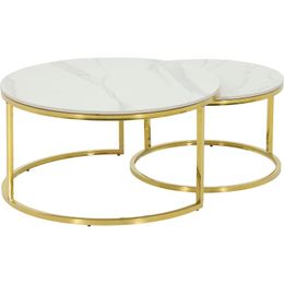 Hela Satztisch &raquo;LUIS, Couchtisch rund&laquo; Set, 2 Stk. tlg. 2er Set, 12mm Sinterstein; Marmoroptik, Boho Wohnzimmertisch wei&szlig; B/H/T: 80cm x 41cm x 80cm