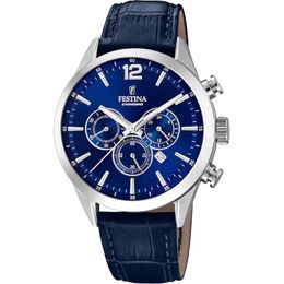 Festina Herren Chronograph &raquo;Timeless Chronograph&laquo; Armbanduhr, Quarzuhr, Herrenuhr, Stoppfunktion, Lederarmband blau Einheitsgr&ouml;&szlig;e